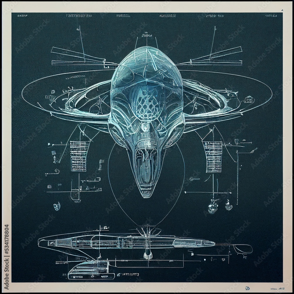 Alien space ship, flying saucer, blueprint, sketch, diagram, outline ...