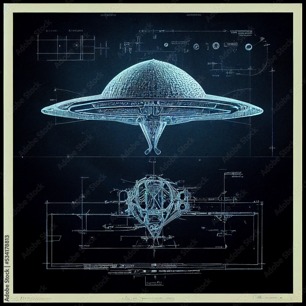 Alien space ship, flying saucer, blueprint, sketch, diagram, outline ...
