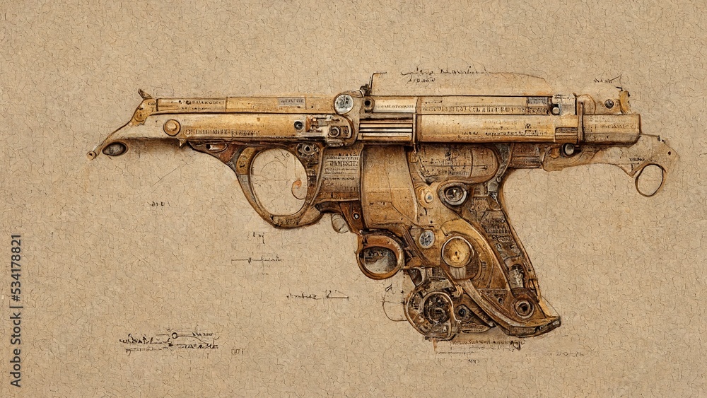Futuristic space hand gun blueprint, sketch, diagram, outline with ...
