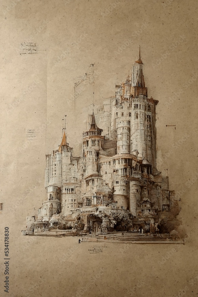 Castle blueprint, sketch, diagram, outline with dimensions, outline and ...