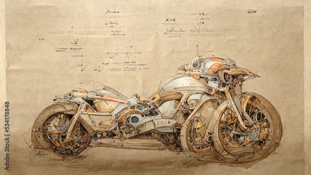Motorbike, alien motorcycle blueprint, sketch, diagram, outline with ...