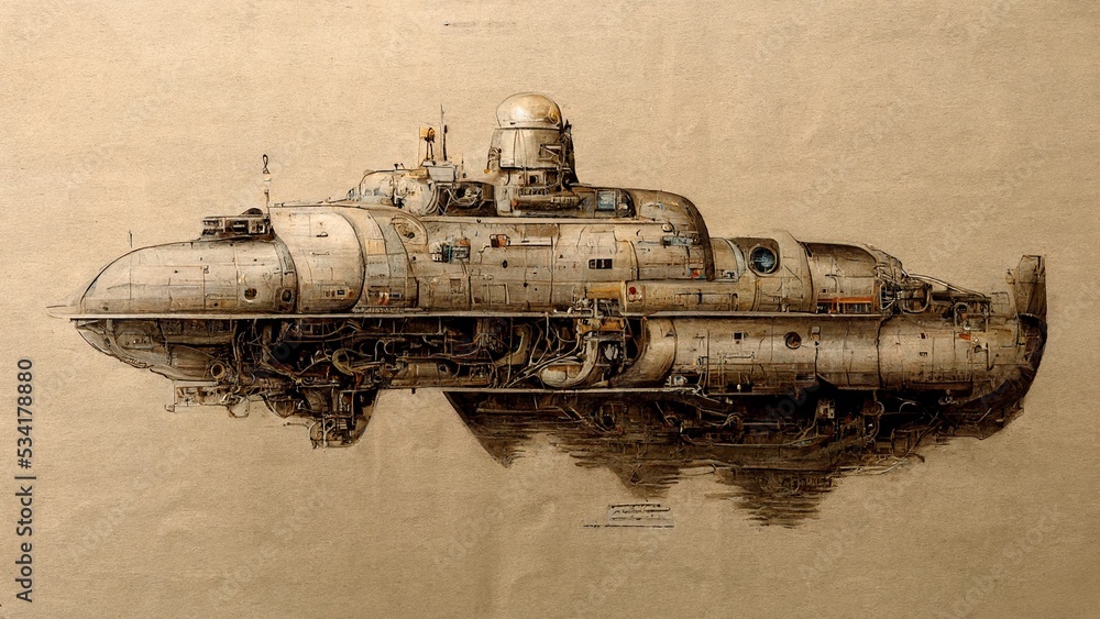Submarine blueprint, sketch, diagram, outline with dimensions, outline ...