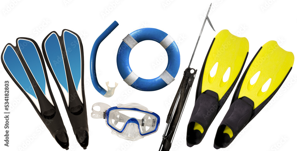 Diving and Spearfishing Equipment. Blue, yellow and black diving ...