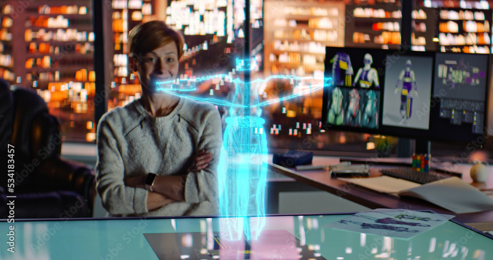 Female Designer Working with Holographic Augmented Reality 3D Model ...
