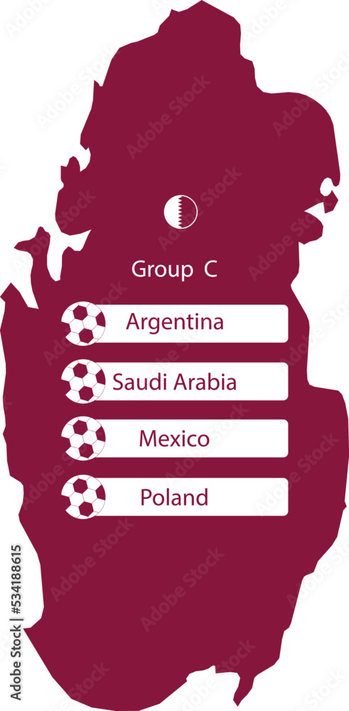 Maroon colored map of Qatar with the group C list of the 2022 ...