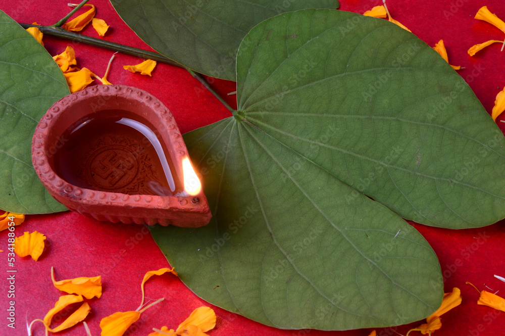 Indian Festival Dussehra, showing golden leaf and flowers on moody ...
