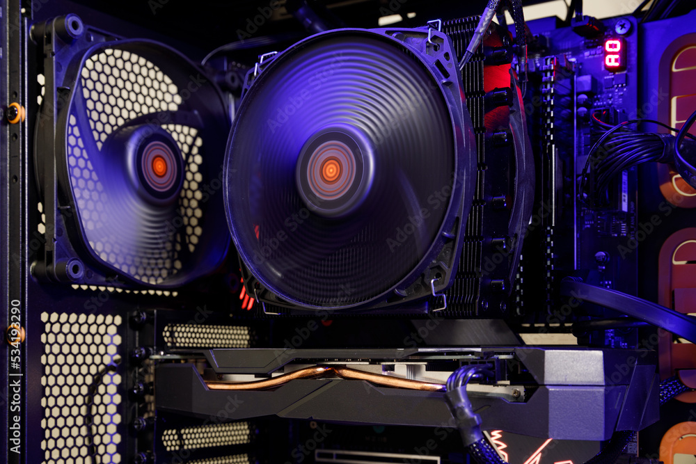 Interior details of desktop high performance computer, with active top ...