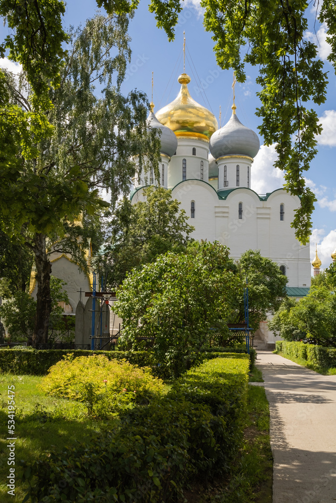 Greenery, Orthodox Church with golden domes and holy scrosses of ...