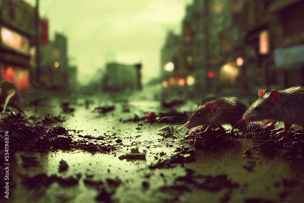 Giant rats invasion on the city streets at night. Big mouses running in ...