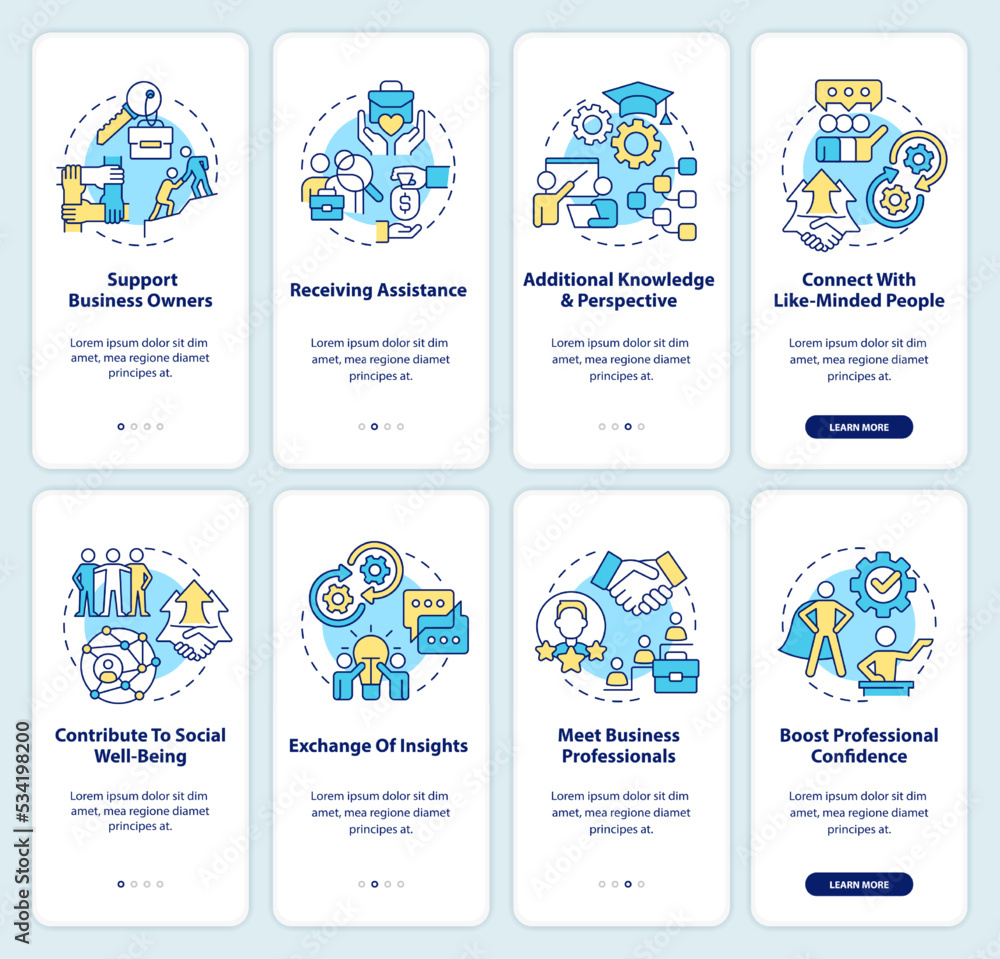 Networking advantages onboarding mobile app screen set. Collaboration walkthrough 4 steps ...