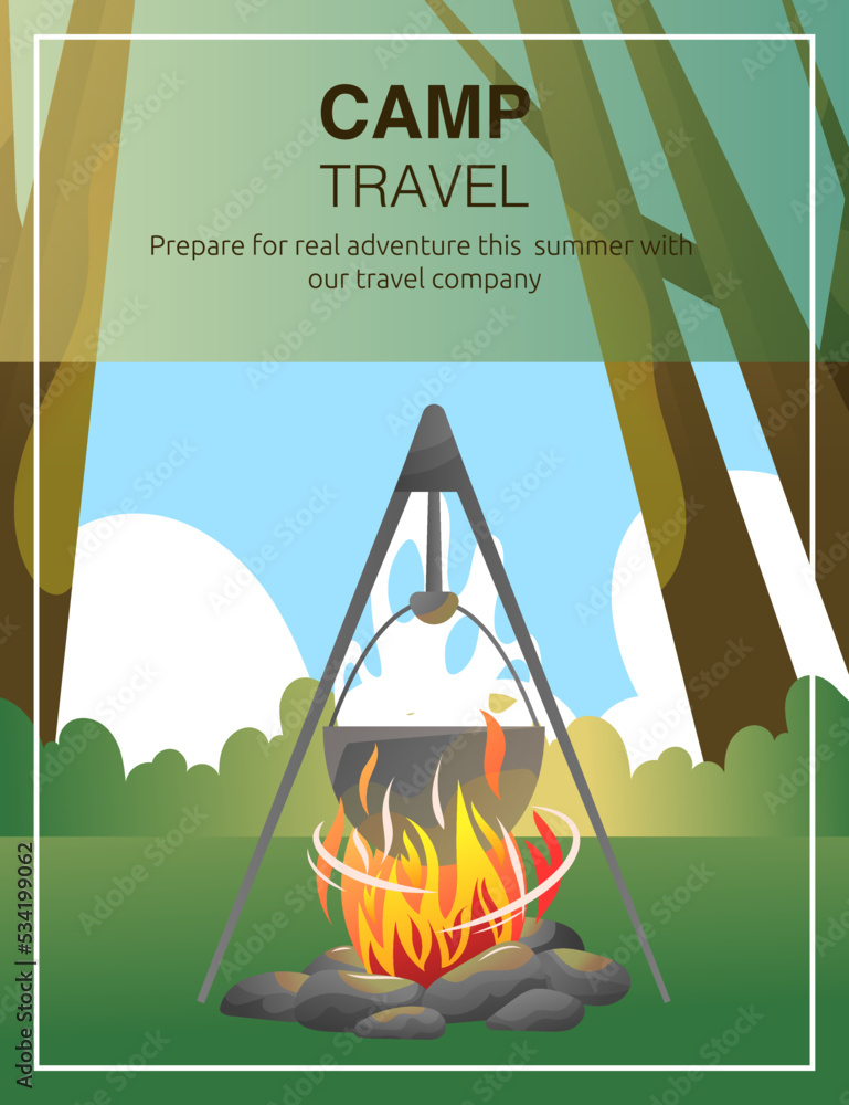 Camp travel poster. Campfire in forest vector illustration. Bonfire and ...