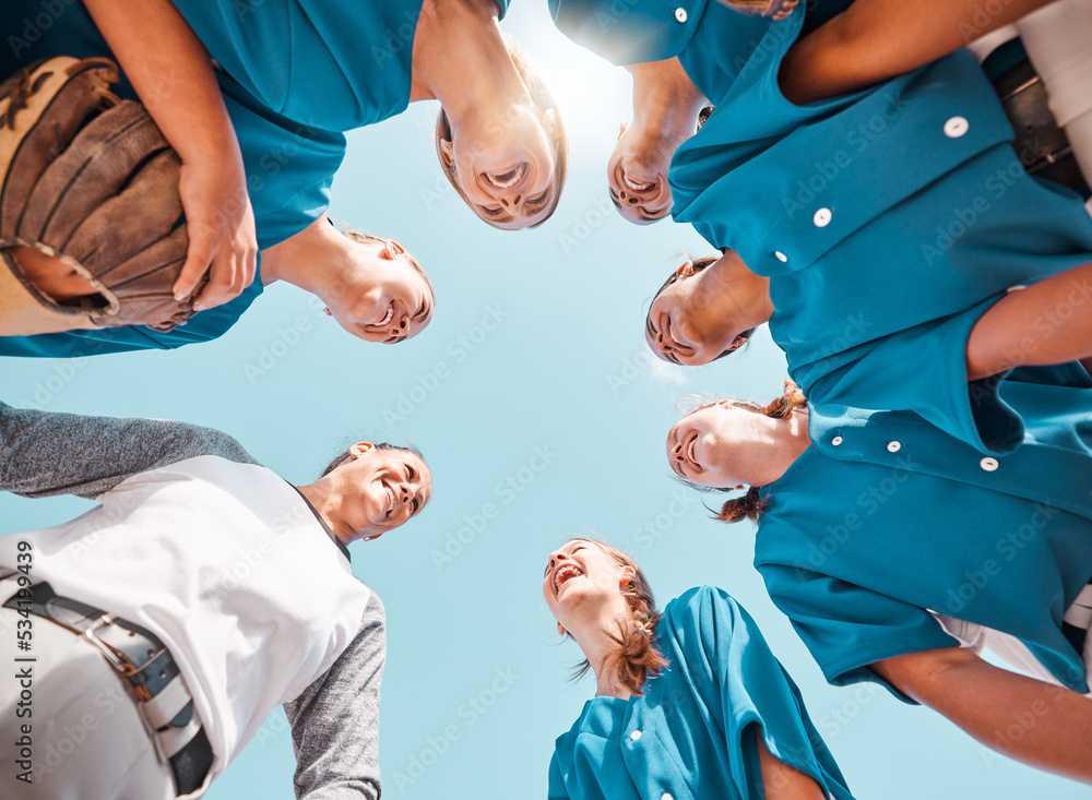 Baseball sports coach, women and below teamwork for motivation, support ...