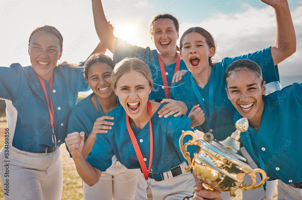 Women baseball team portrait, winning trophy celebration and sports ...