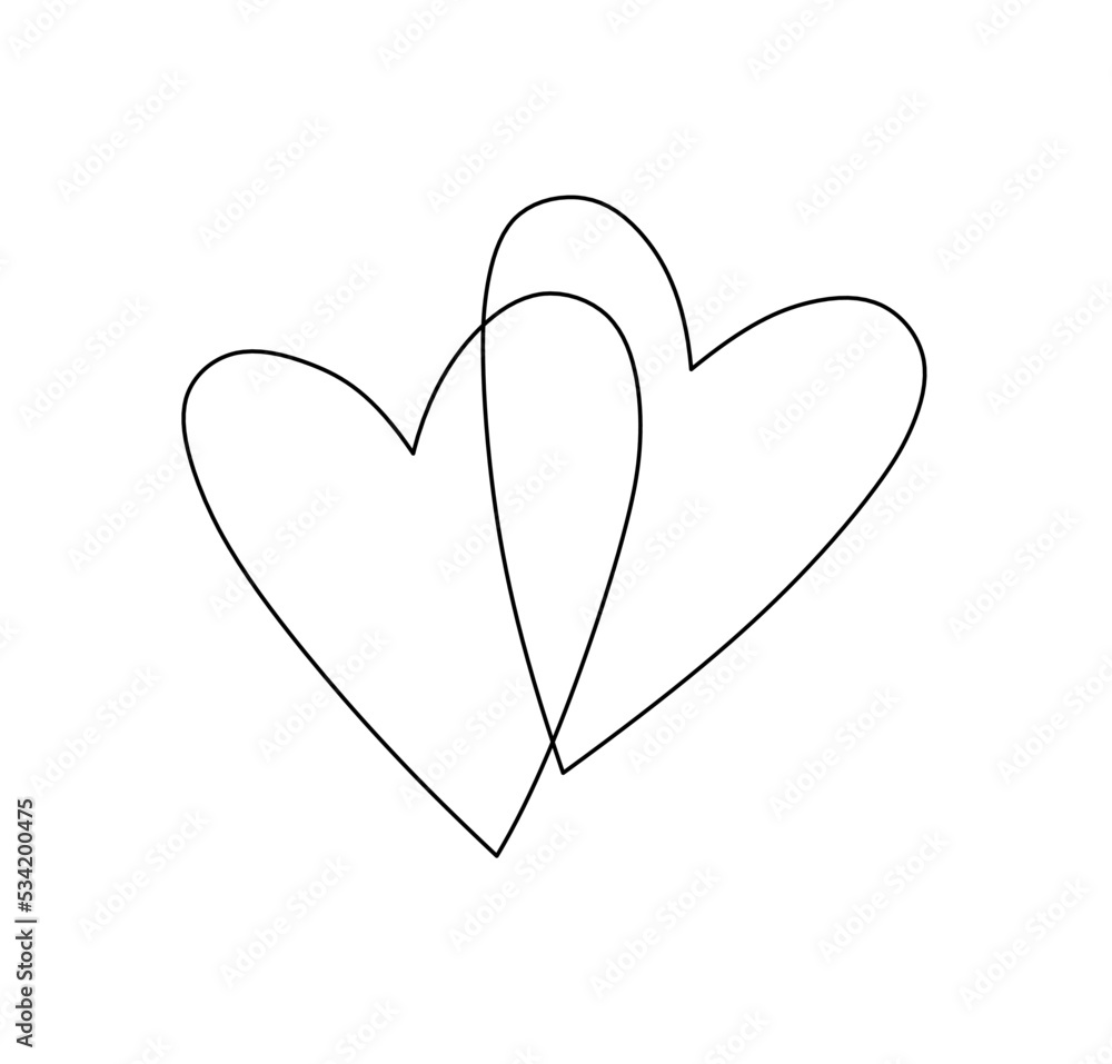 Vector isolated two intersecting hand drawn hearts colorless black and ...