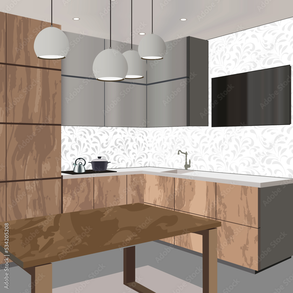 Kitchen interior background with furniture. Design of modern kitchen ...