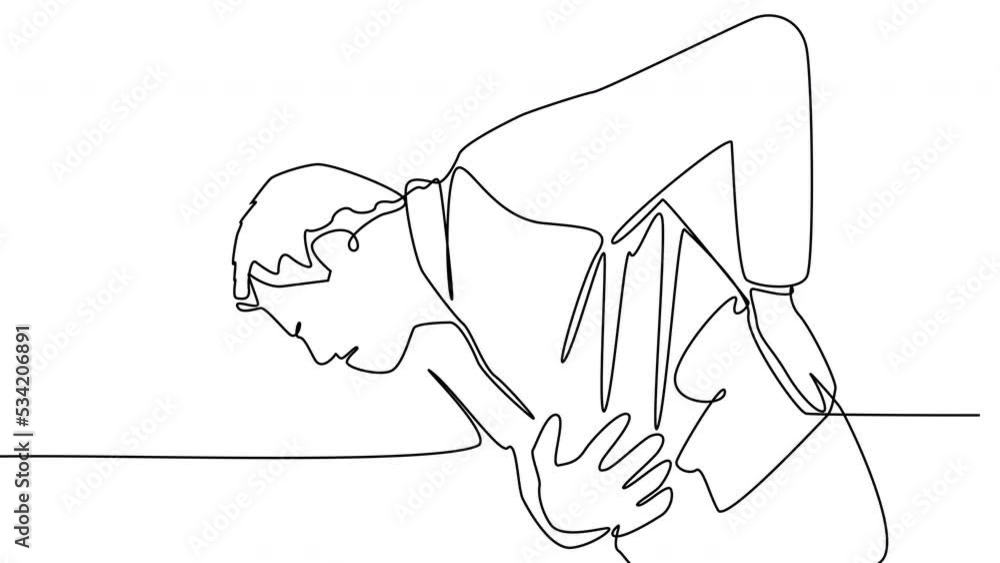 Self-drawing of a man clutching his back with one line on a white ...