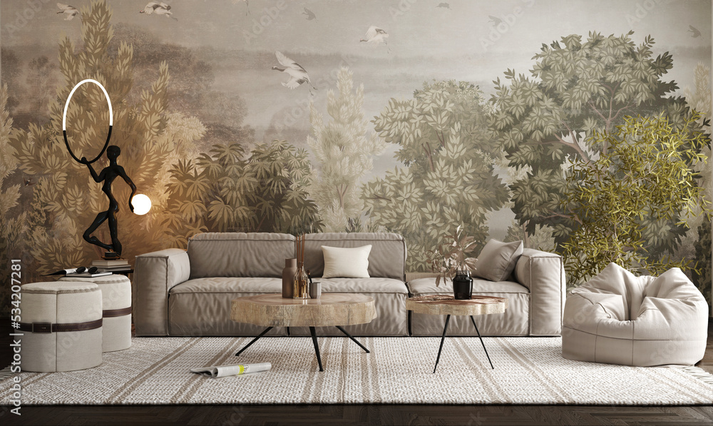 Living room with tree wallpaper, sitting, table, ornamental plants and ...