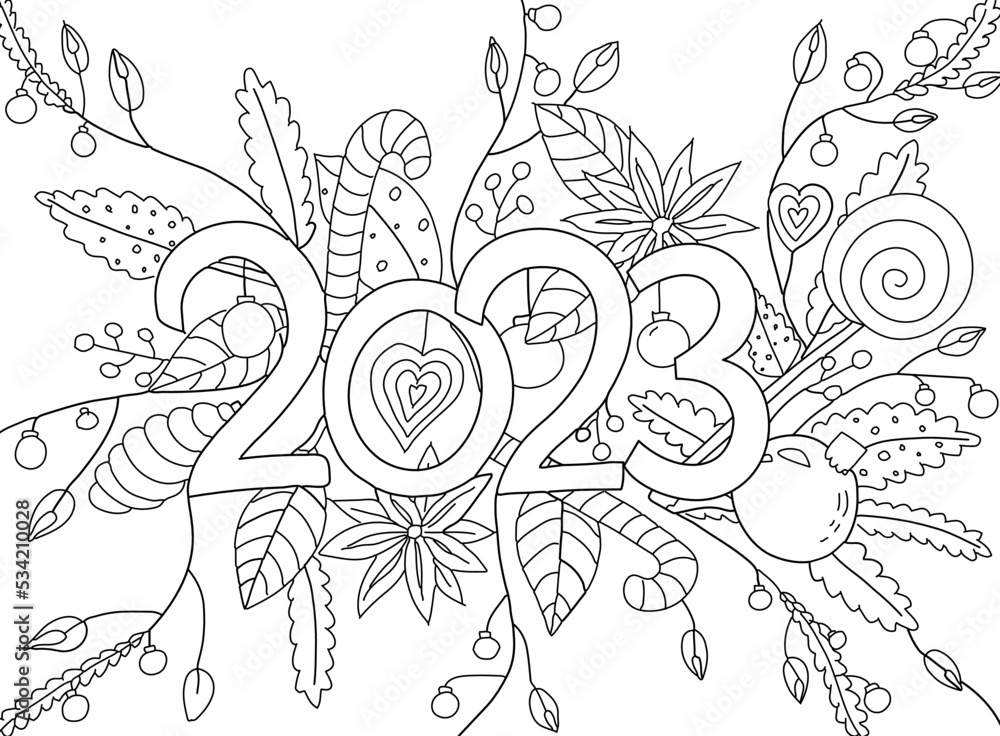 Hand drawing coloring page for kids and adults. Holiday greeting New ...