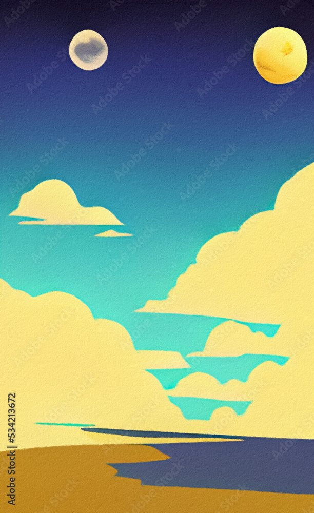Minimalist drawing flat illustration of landscape, clouds, starry night ...