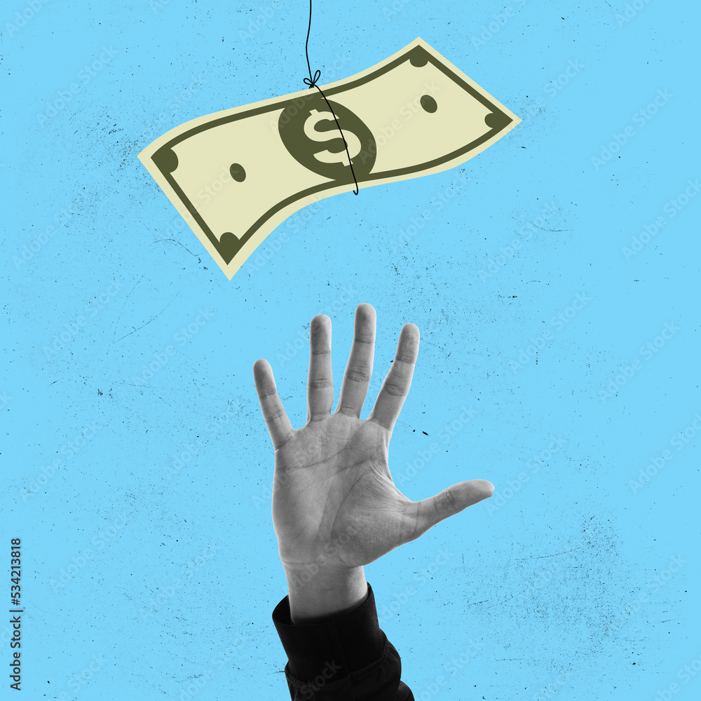 Contemporary art collage. Human hand reaching money over blue ...