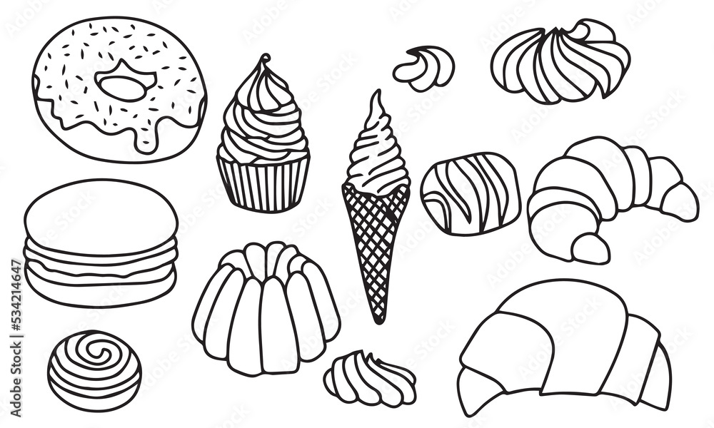 Set of different sweet. Ice cream, donut, croissant, pudding, macarons ...