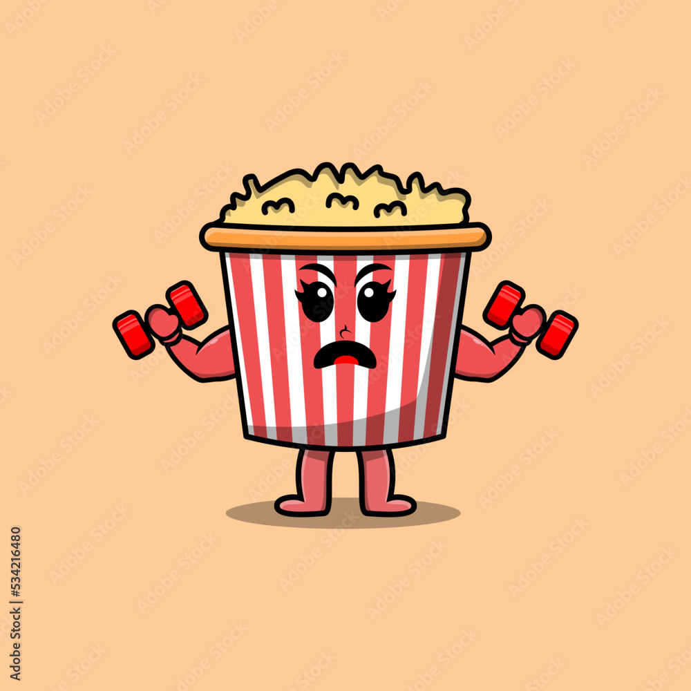 Cute cartoon Popcorn character is fitness with barbell in modern style ...