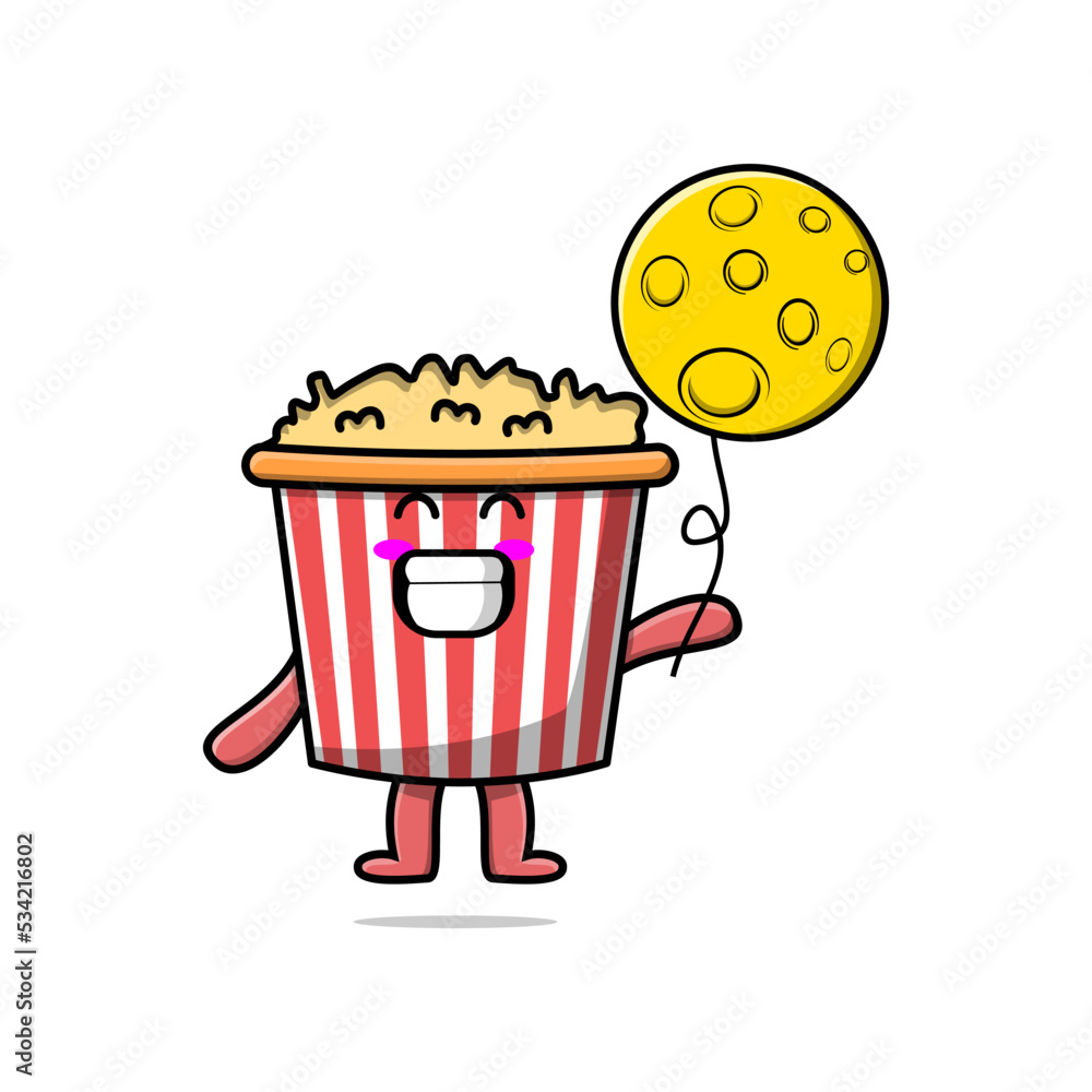 Cute cartoon Popcorn floating with moon balloon cartoon vector ...