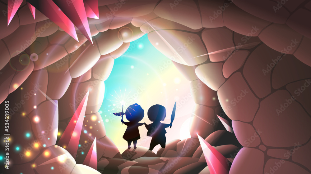 Two brave kids in the deep magic cave, a girl holding magic wand and a ...