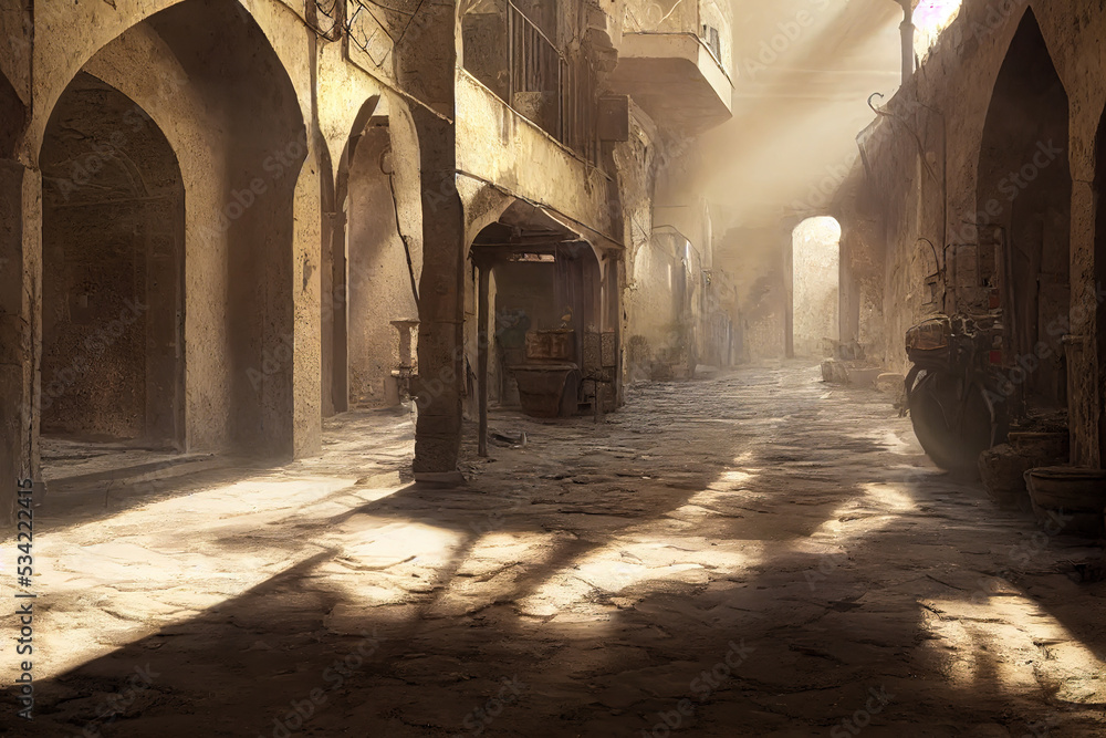 Ilustração do Stock: Empty street featuring ancient Middle Eastern town ...