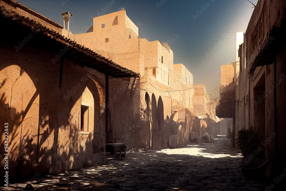 Streets and alleyways of a dusty 14th century Iranian town. Ancient ...