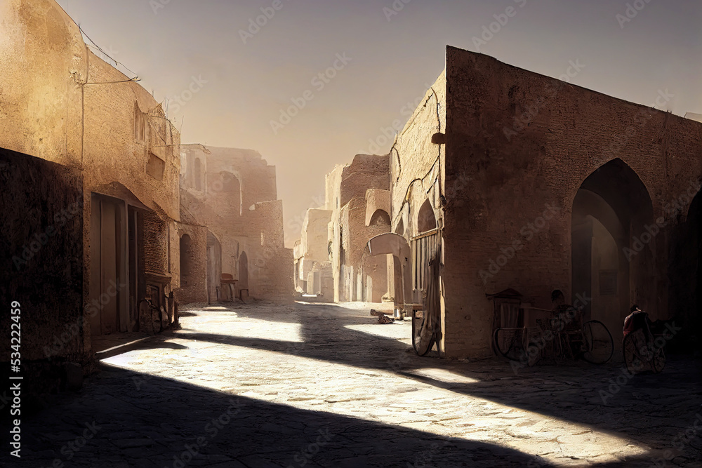Ancient streets of Persia with mud buildings and dappled light ...