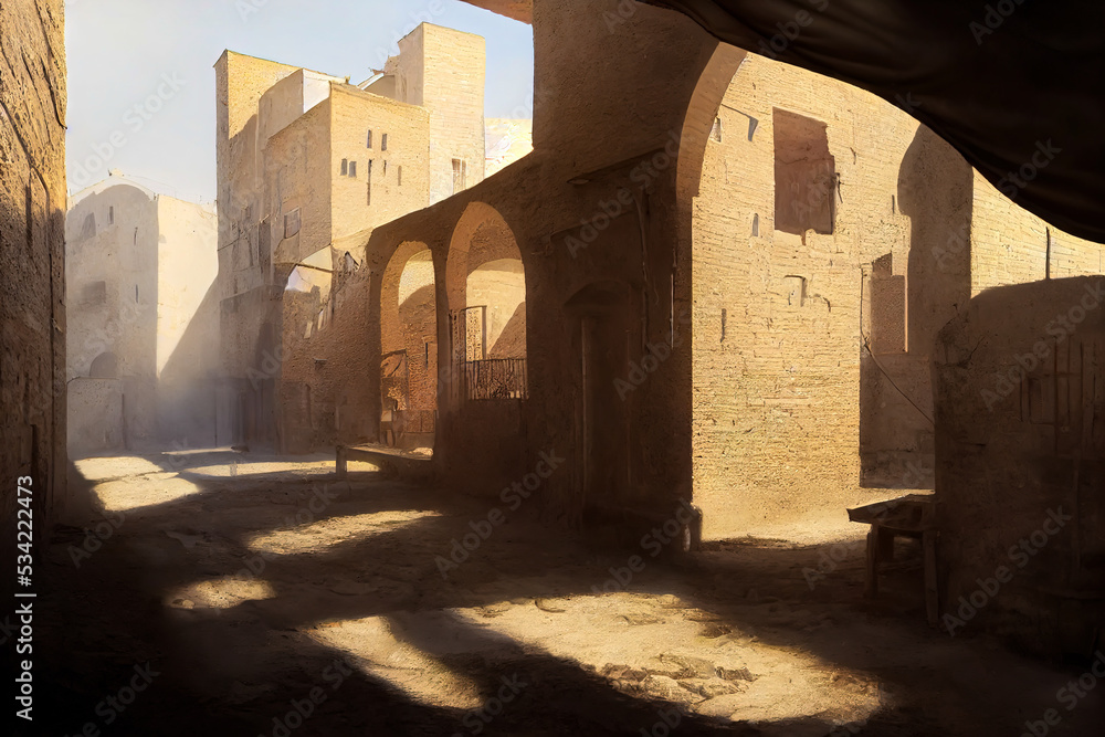 Streets and alleyways of a dusty 14th century Persian town. Ancient ...
