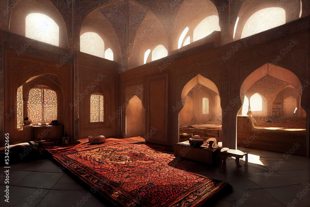 Old Persian house. Interior of a home in Persia with Persian rugs on ...