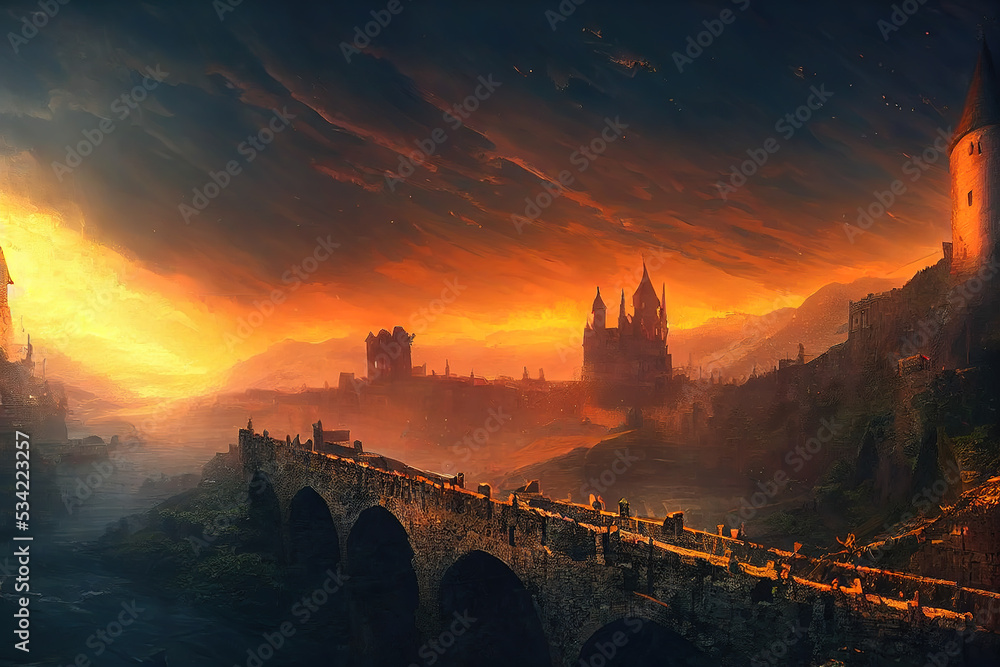 Concept art of medieval bridge over ravine among mountains leading into ...