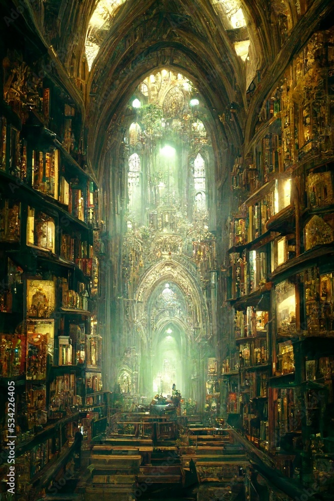Alchemist sorcerer giant library, esoteric library with spell books ...