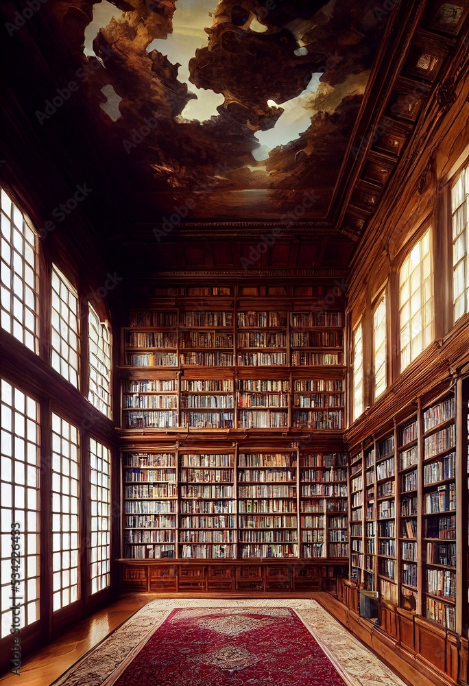 Beautiful library architecture with giant bookshelves, epic interior ...