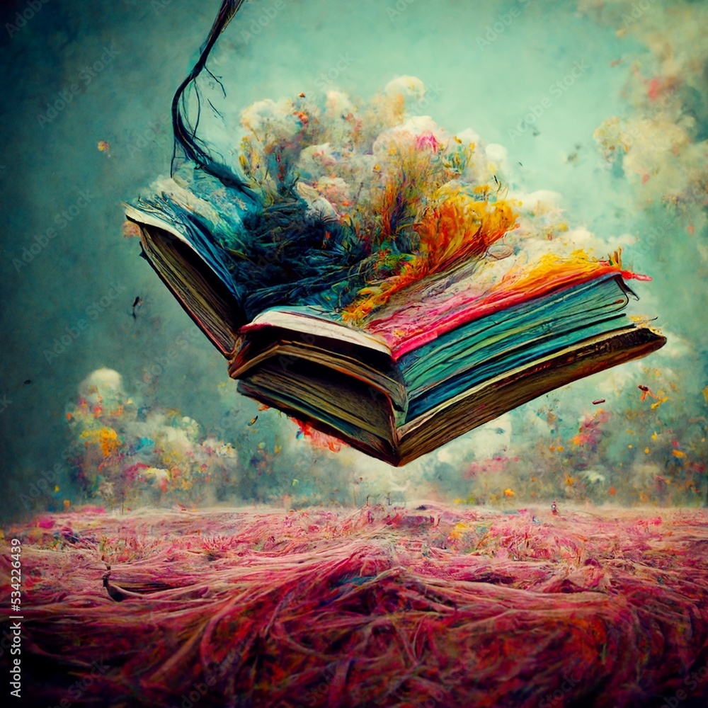Open book with beautiful colorful clouds and dust coming out of pages. Floating book. Painting ...