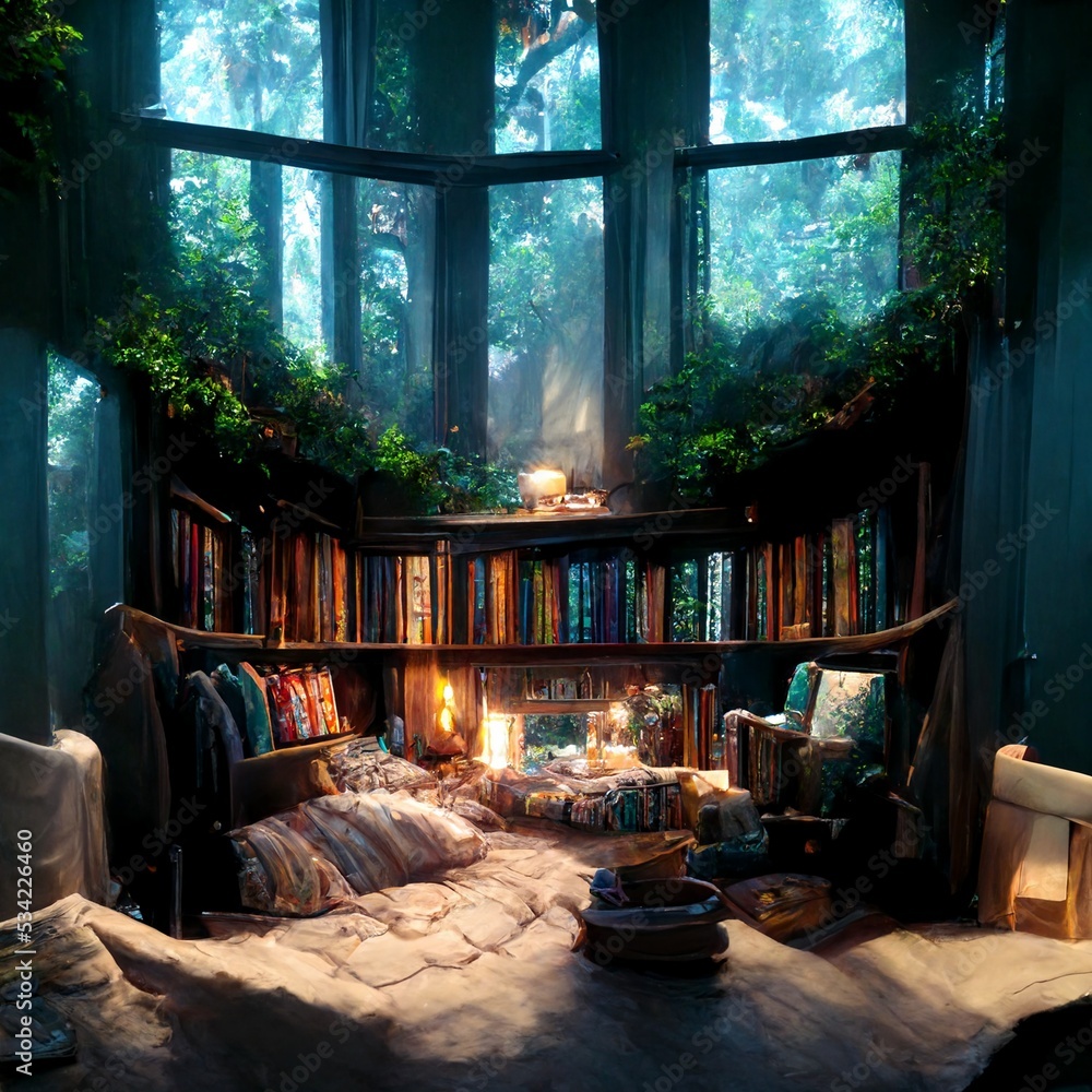 Beautiful living room with a large windows, nature outside and library ...