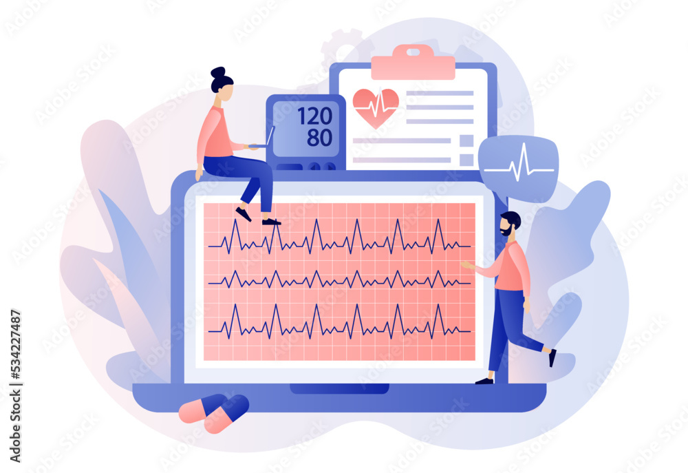 Cardiology treatment and checkup. Cardiogram online on laptop. Heart ...
