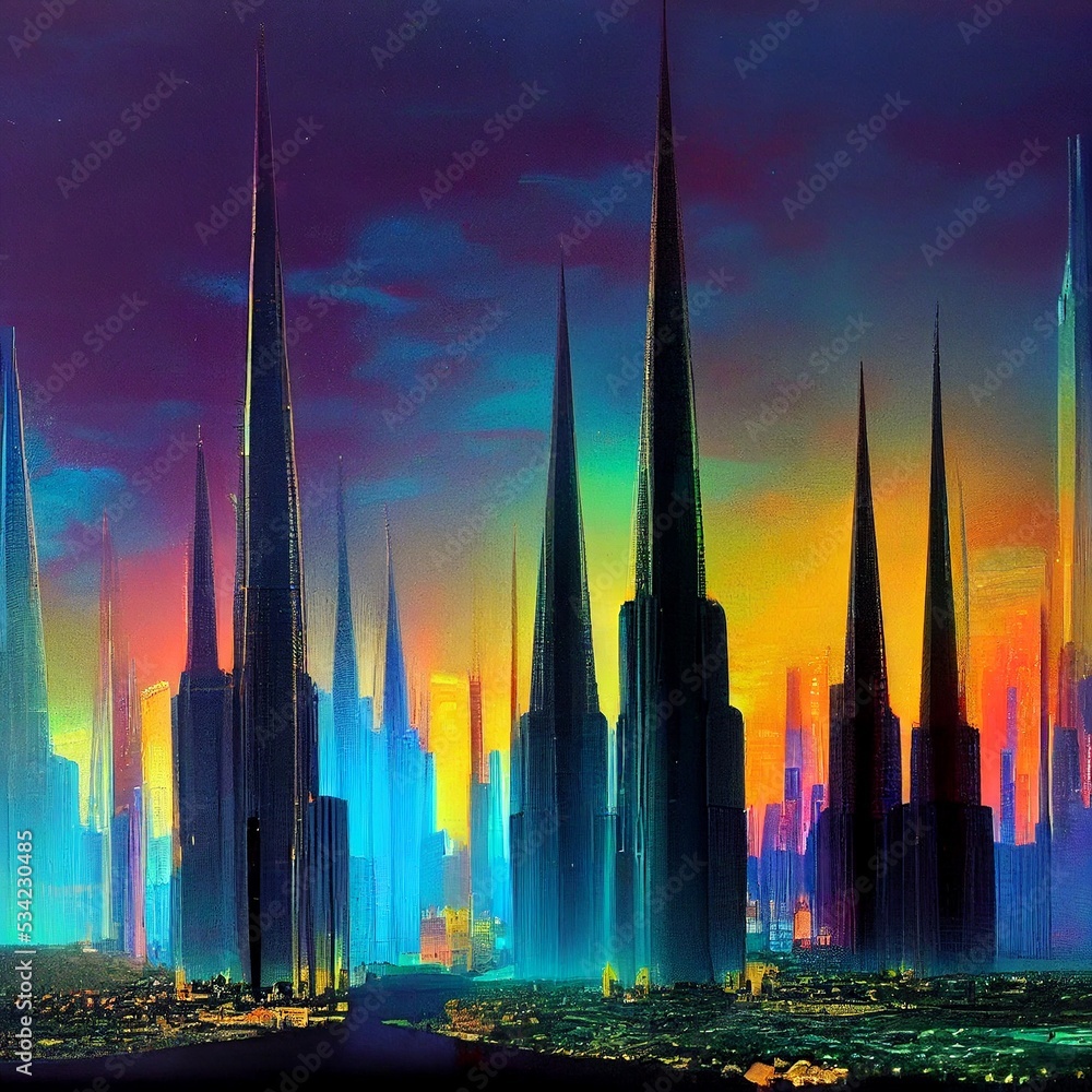 City skyline concept art with vibrant colors, pointy buildings and ...