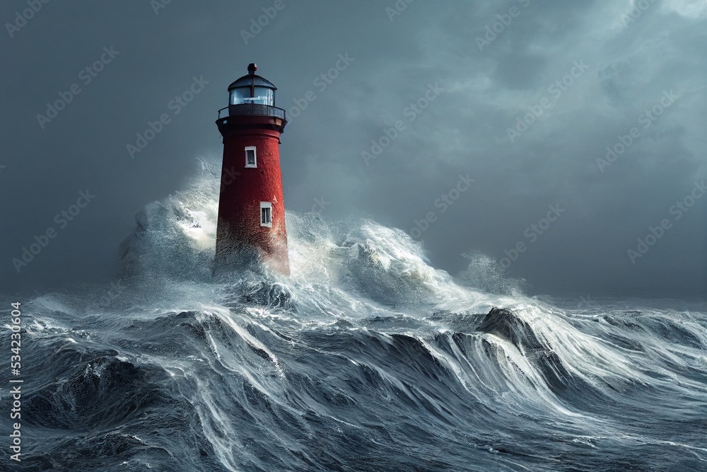 Black Lighthouse in the middle of the ocean, big waves and storm around ...