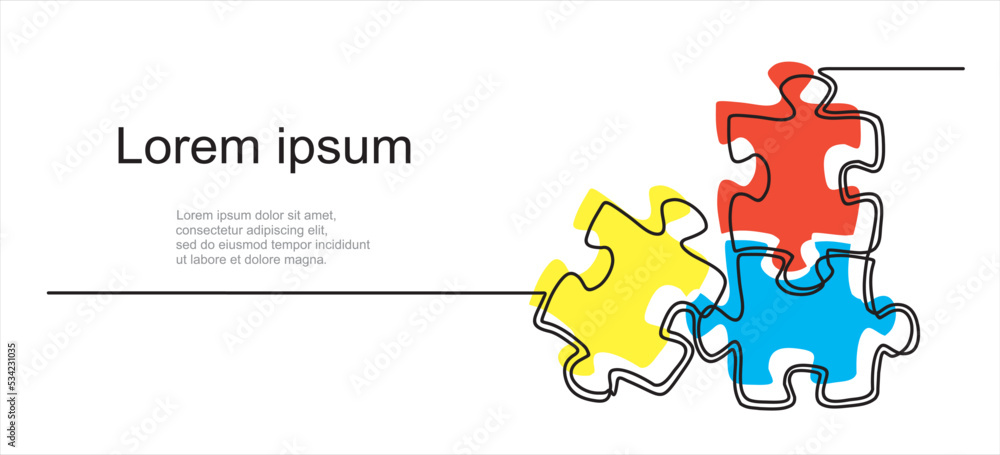 Continuous one line drawing of a two piece jigsaw on a white background ...