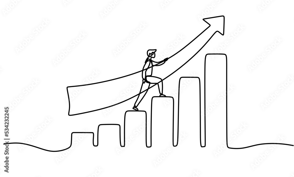 One continuous line draw graph up with progress chart. Single line ...