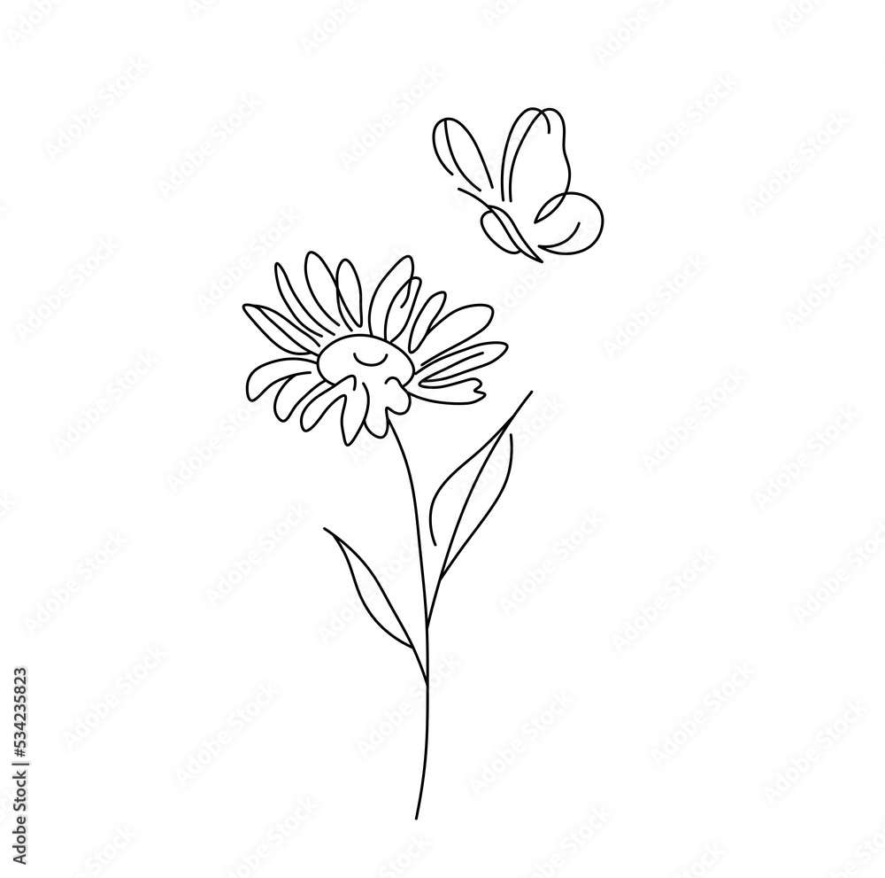 Vector isolated one camomile and flying butterfly colorless black and ...