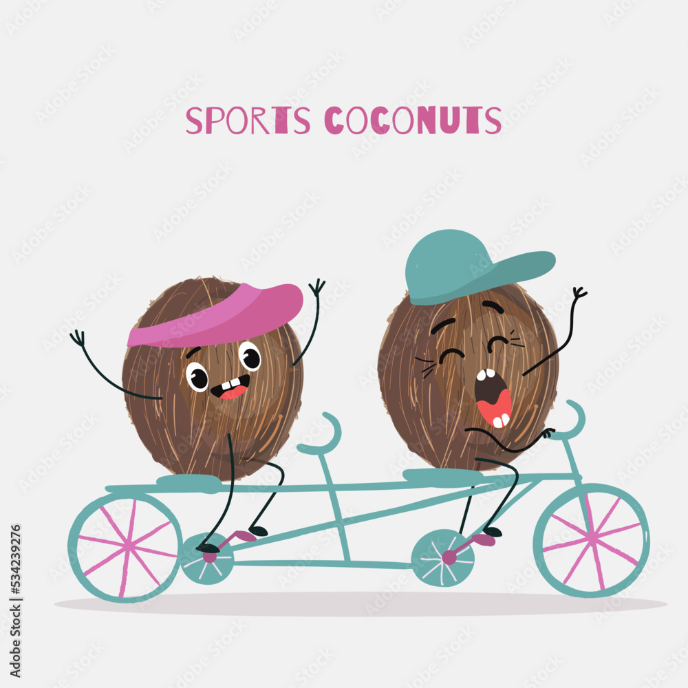 Vector illustration of funny characters, a couple of coconuts, riding a ...
