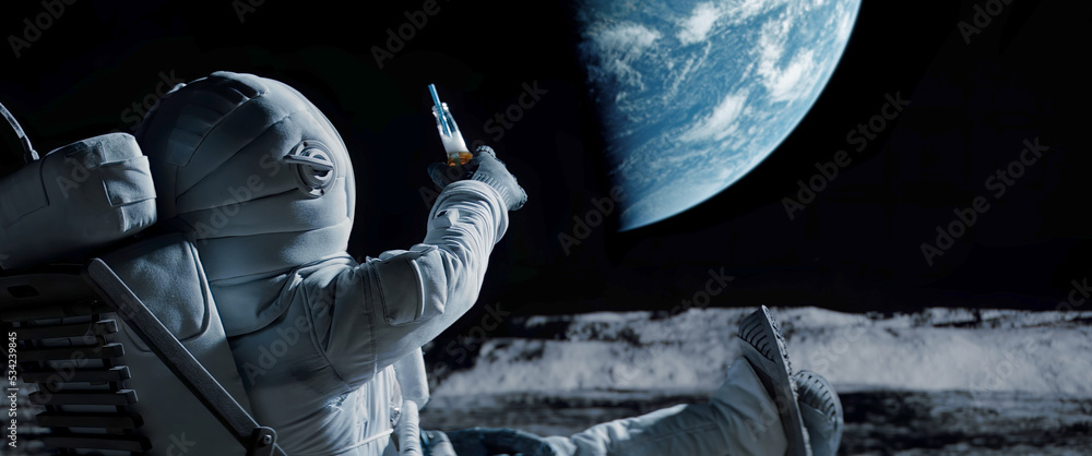 Back view of lunar astronaut having a beer while resting in a beach ... Back view of lunar astronaut having a beer while resting in a beach ...