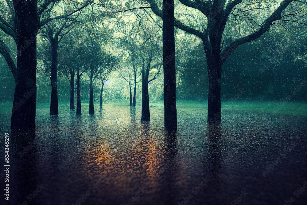 heavy rain and green tree in summer. 3D rendering, raster illustration ...