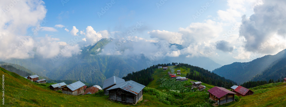 Traditional wooden houses at highlands. Landscape photo was taken in ...