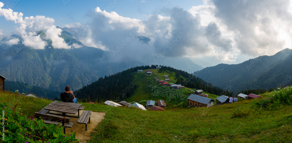 Traditional wooden houses at highlands. Landscape photo was taken in ...