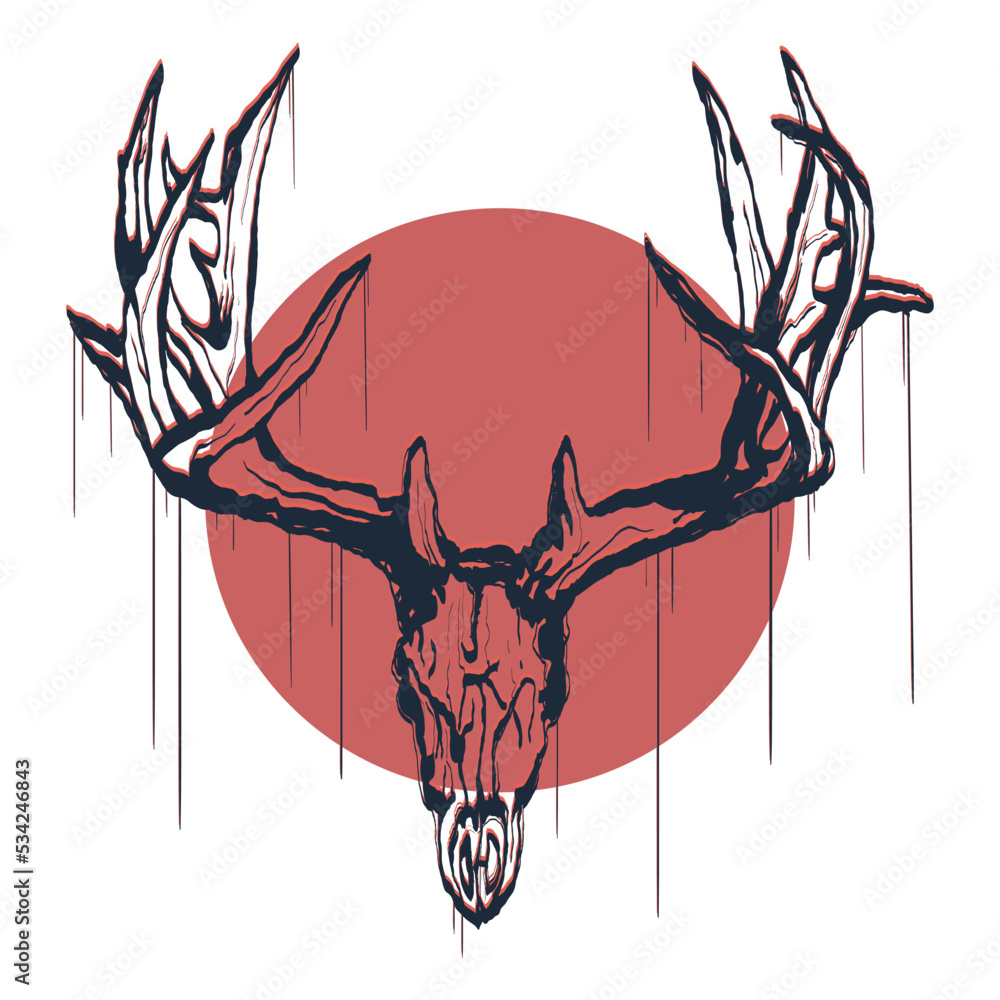 Brutal outlines skull wild animal, forest deer skull on red circle ...